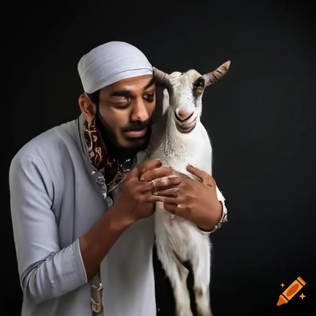 Muslim man bonding with a goat