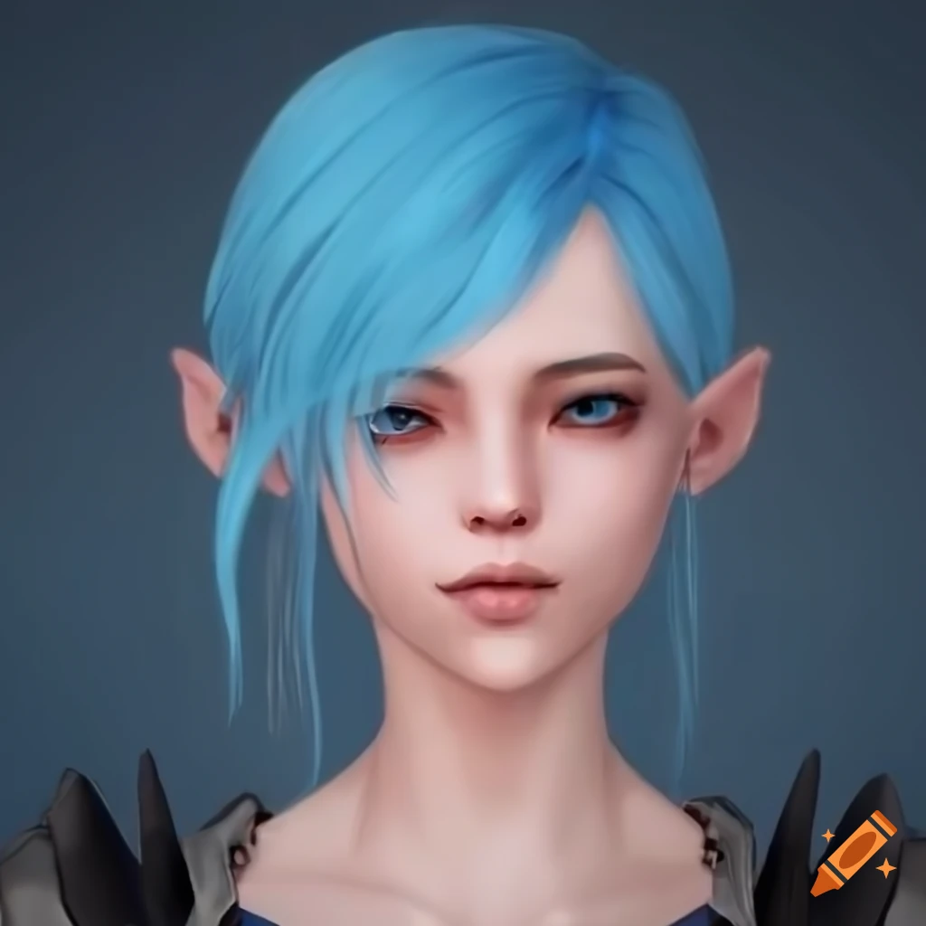 Digital artwork of a female character with gray eyes and blue hair on ...