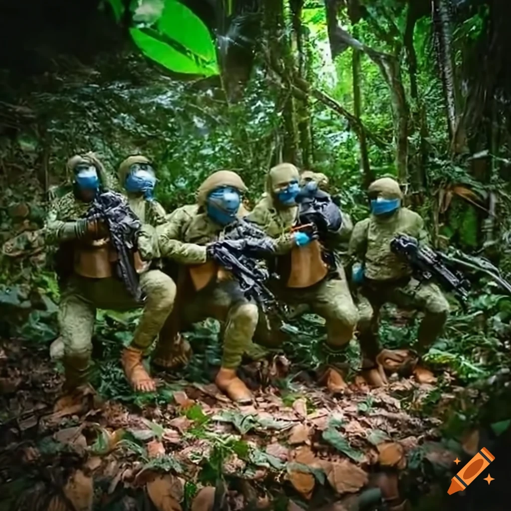 Cartoon smurfs in jungle guerrilla warfare on Craiyon