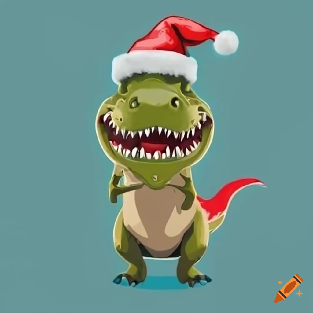Cute t-rex delivering presents with santa hat on Craiyon