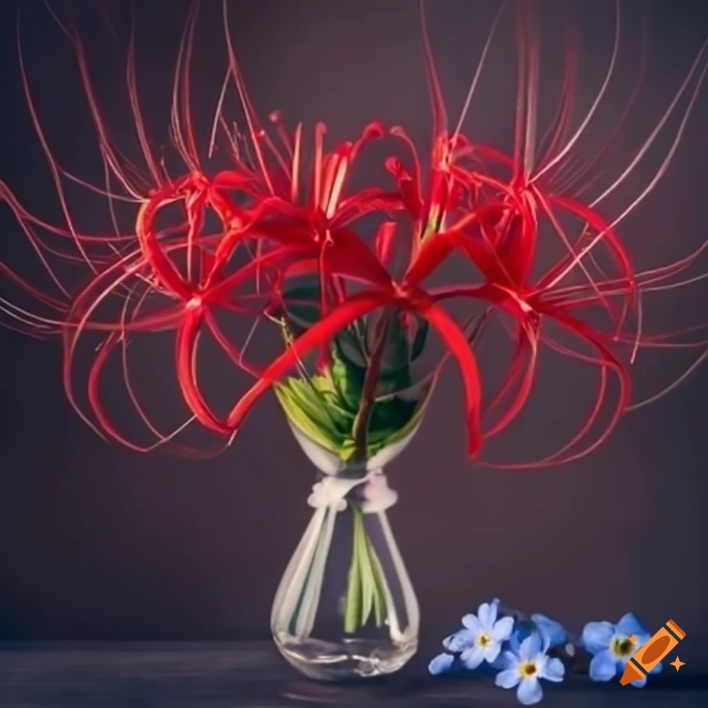Bouquet of red spider lily and forget-me-nots on Craiyon