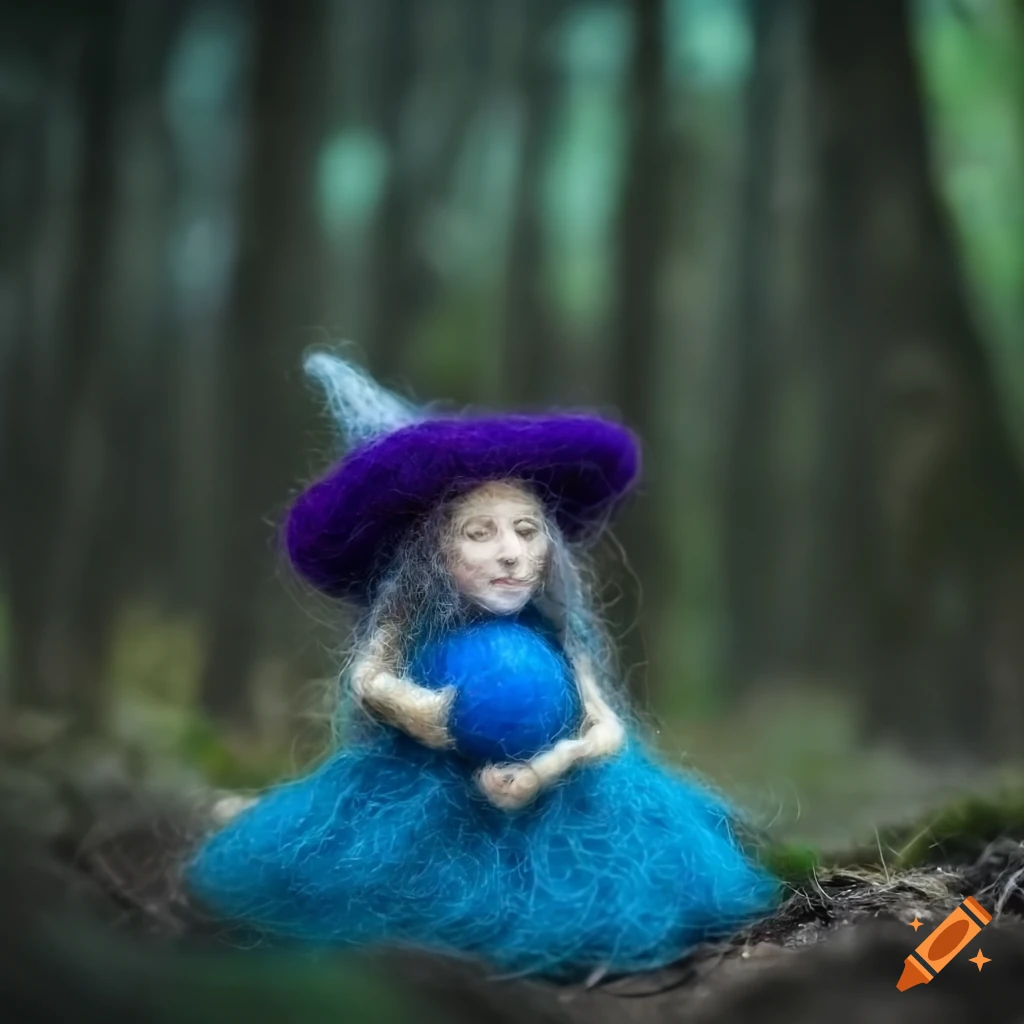 Felted wool witch creating a magical orb in a dark forest on Craiyon