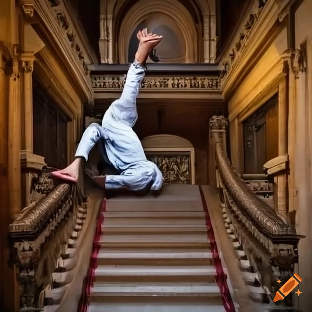 Dramatic image of an old man falling down a majestic staircase