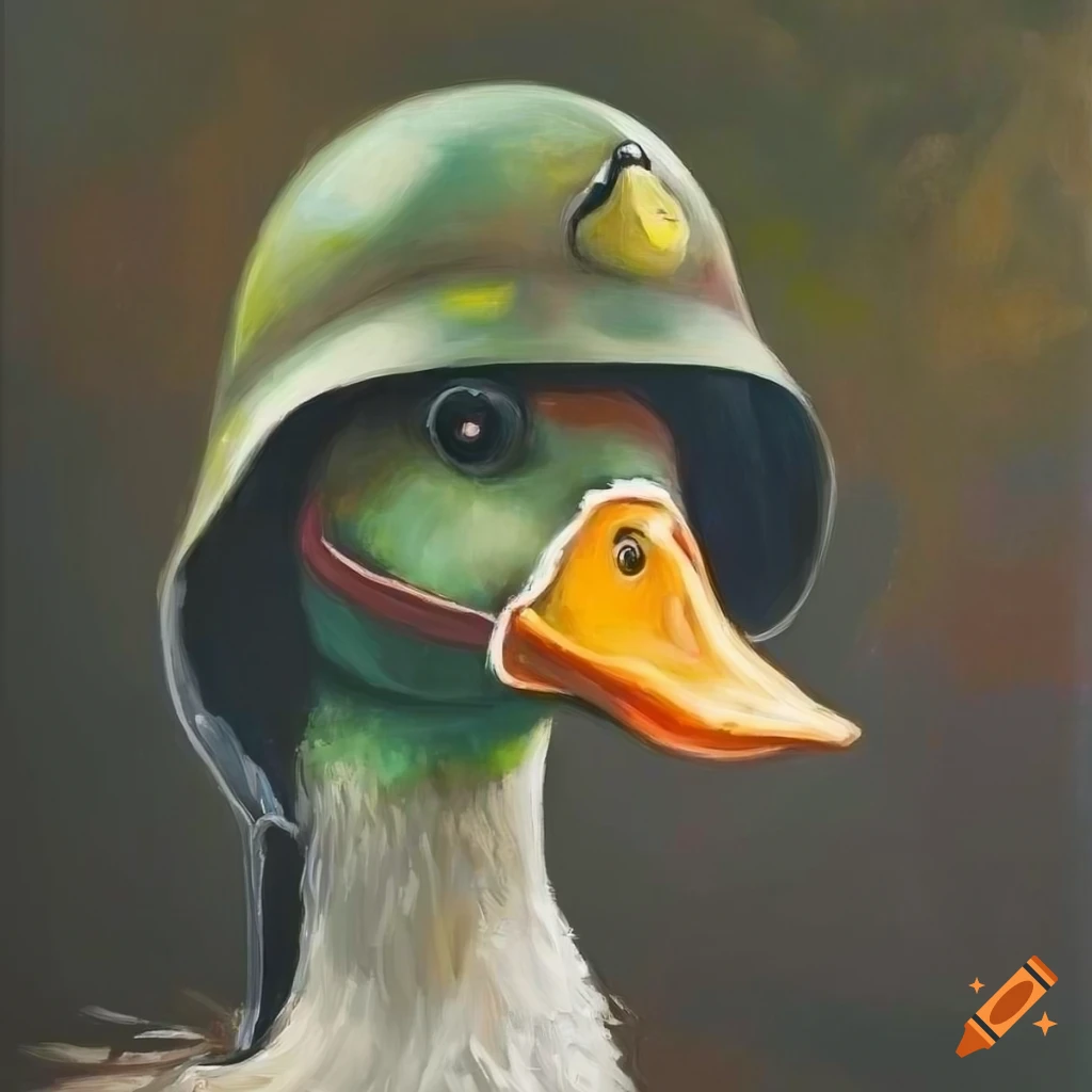 Oil painting of a duck wearing a military helmet