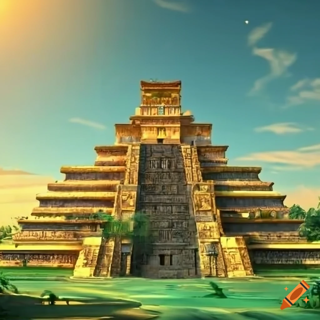 3d rendering of a golden aztec temple in a sunny jungle