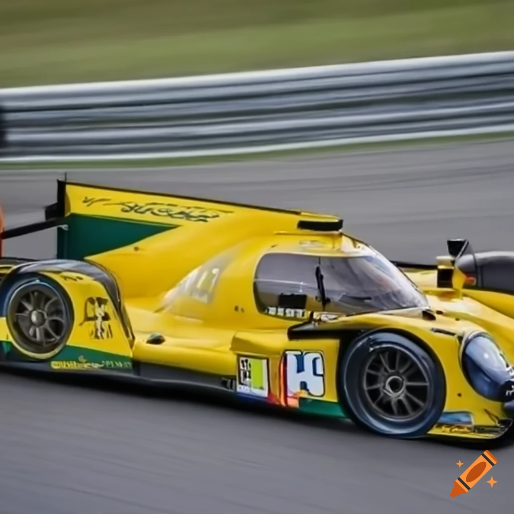 Yellow lmp2 car racing on a track on Craiyon