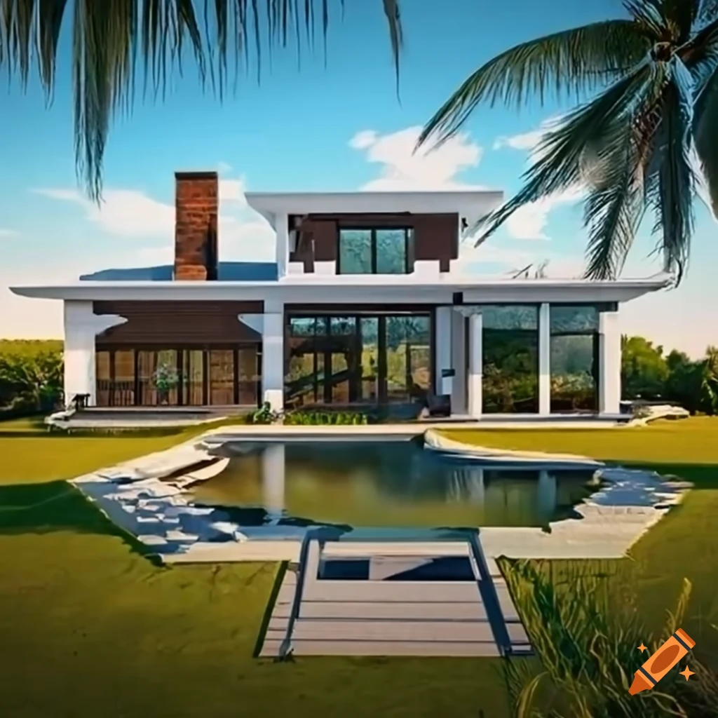 Modern horse ranch with white horses in a fenced pasture