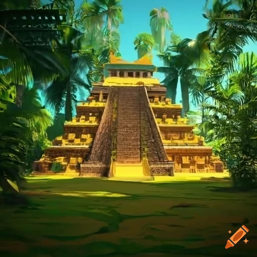 3d rendering of a massive yellow aztec temple in a tropical forest