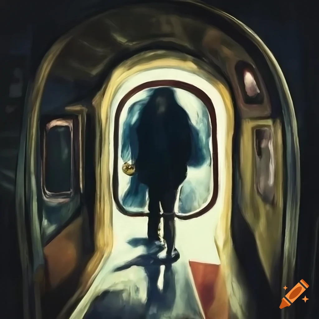 Artistic depiction of people in a London metro train on Craiyon