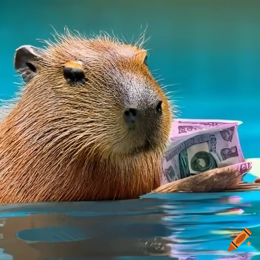 Capybara in a pool surrounded by money on Craiyon