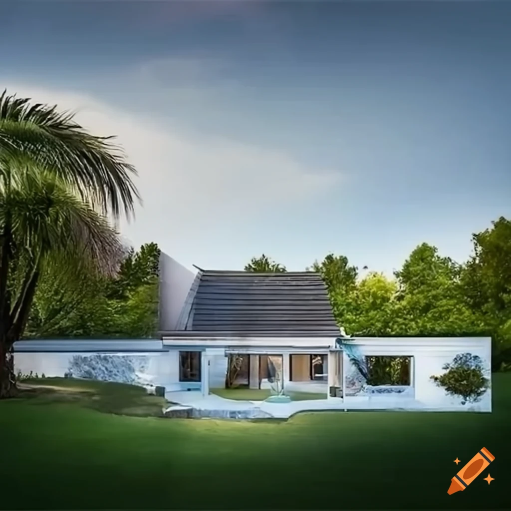 Modern horse ranch with white horses in a fenced pasture