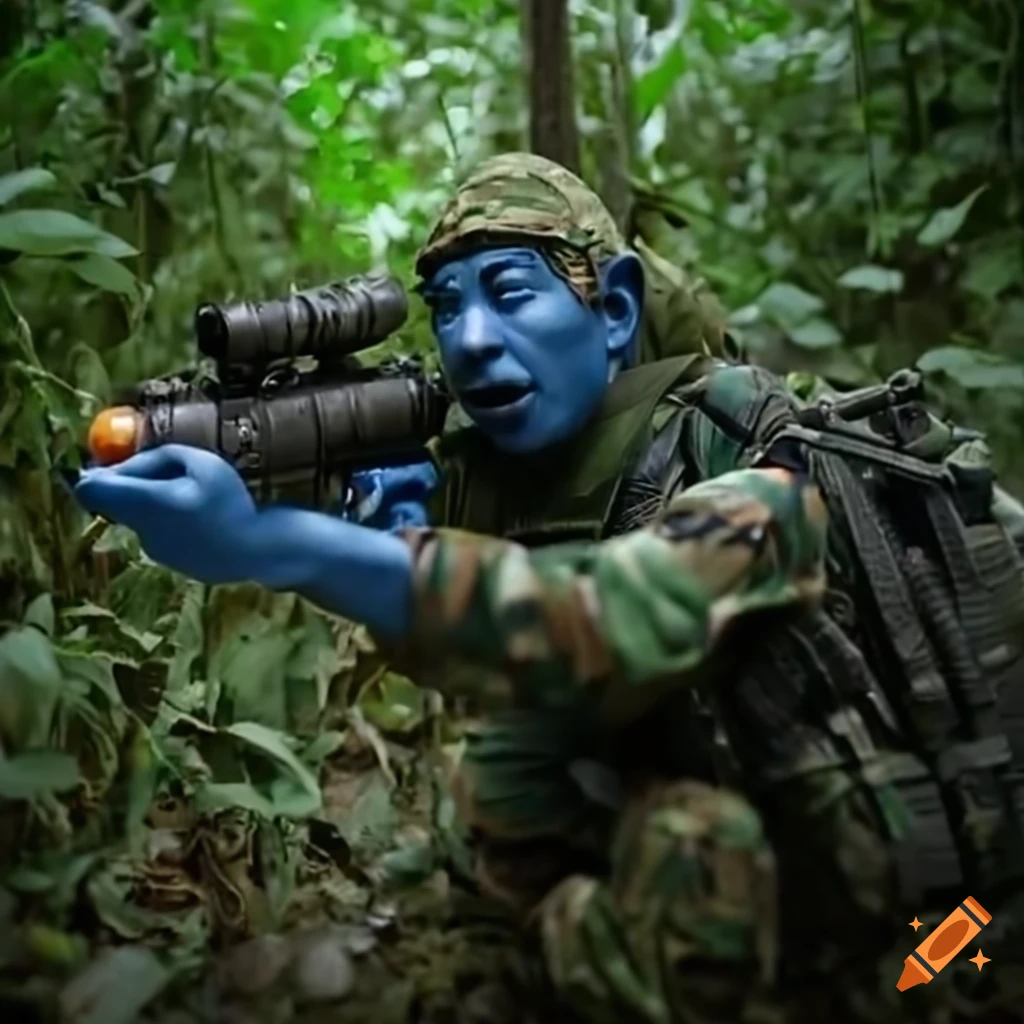 Cartoon smurfs in jungle guerrilla warfare