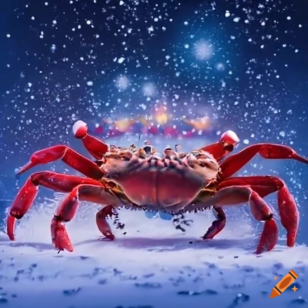 Santa Claus riding a giant crab in the snow on Craiyon