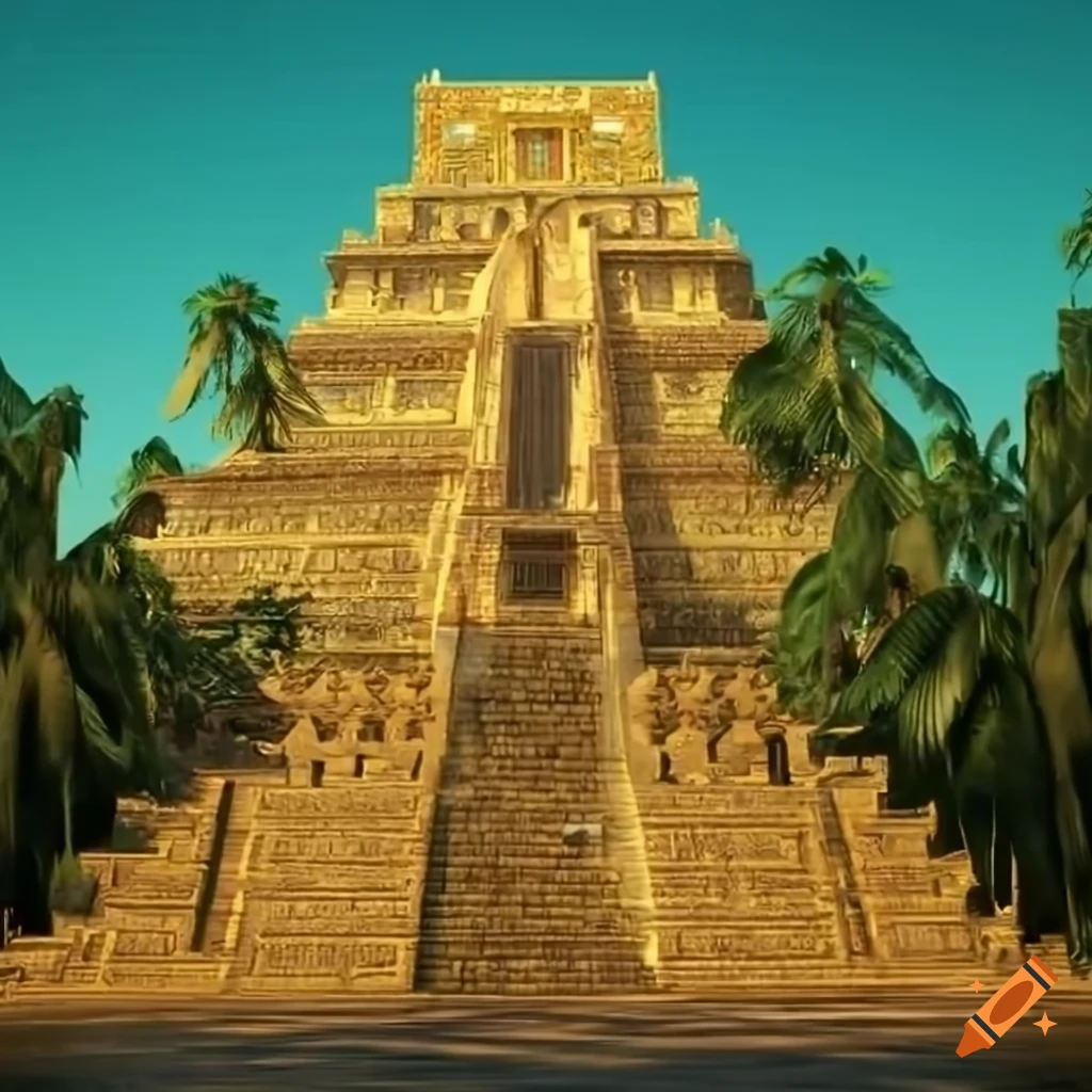 3d rendering of a golden aztec temple in a tropical forest
