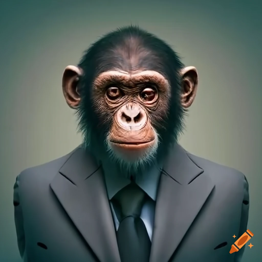 Humorous image of a chimpanzee-human hybrid in an office