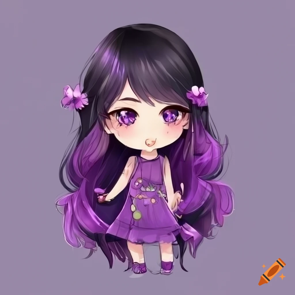 Chibi girl with long black hair and purple hair highlights on Craiyon