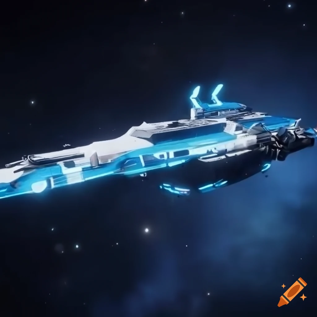Blue-white long sci-fi spaceship in space on Craiyon