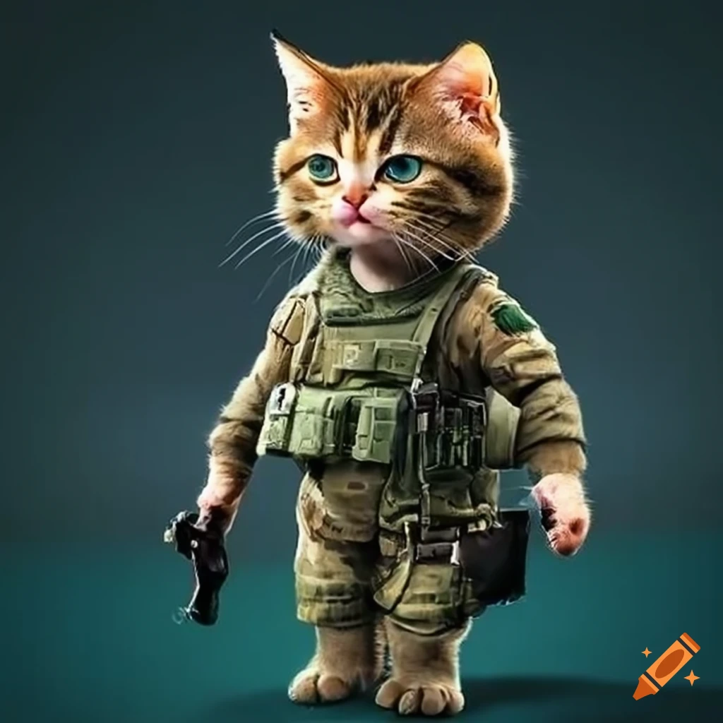 Humorous image of a kitten dressed as a soldier