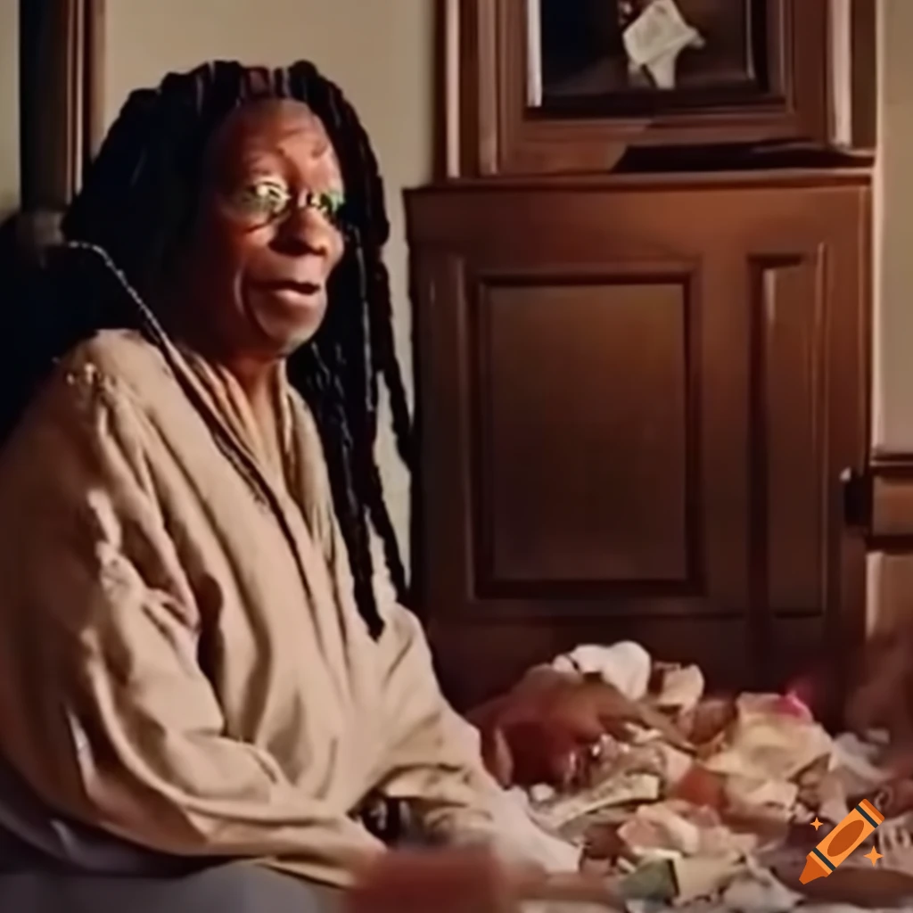Whoopi goldberg sitting in a heap of trash on Craiyon