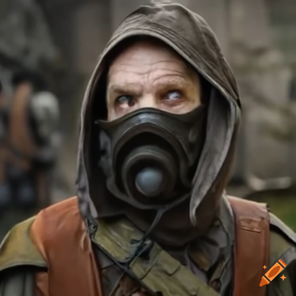 Post-apocalyptic cosplay of a man wearing a mask on Craiyon