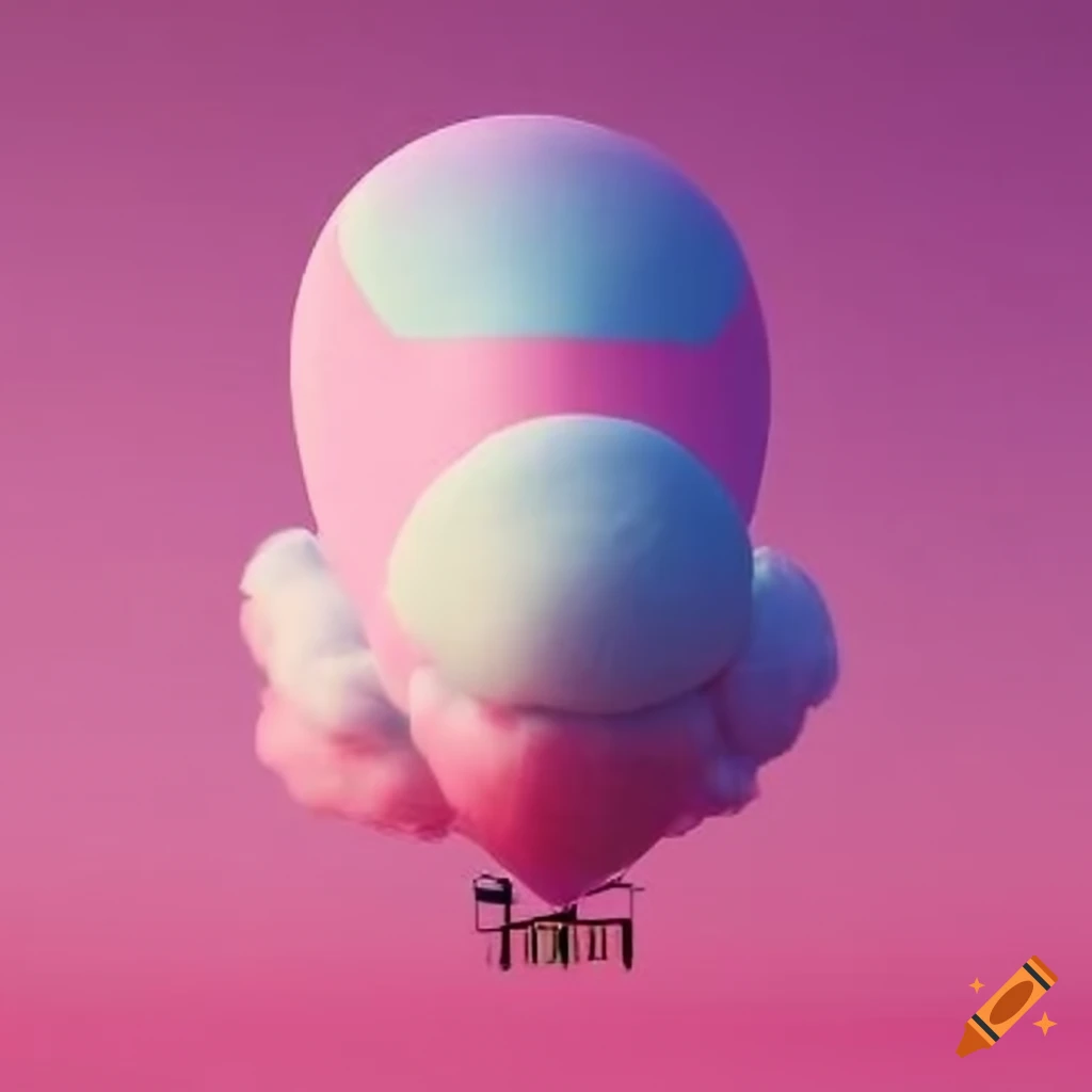 Metal blimp hovering over pink cotton candy clouds