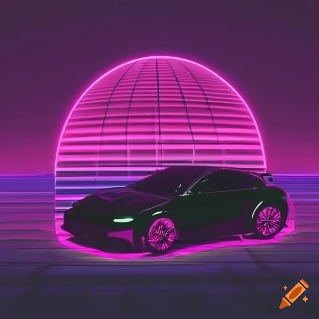 Pink synthwave logo with buildings and car on Craiyon