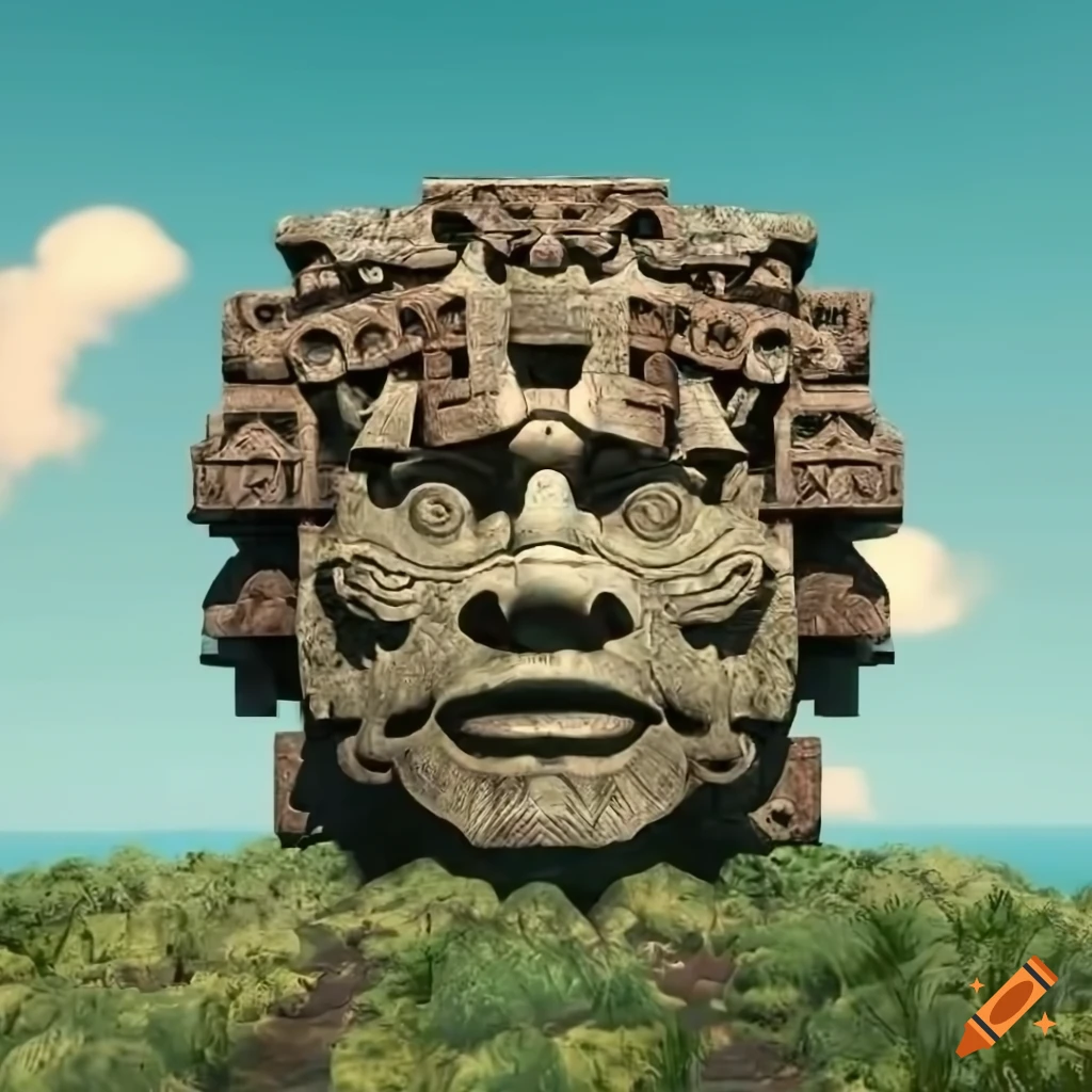 3d rendering of a colossal aztec stone head in a tropical forest