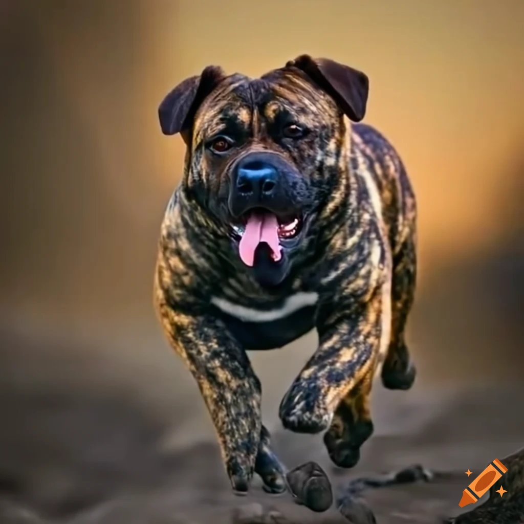 Giant brindle boerboel running in the mountains