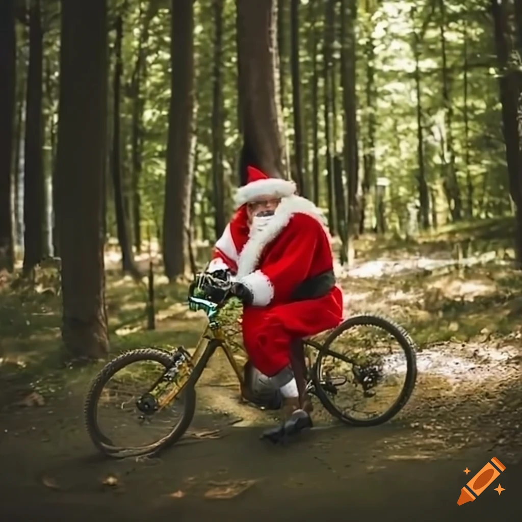 Santa claus mountain biking in the forest on Craiyon