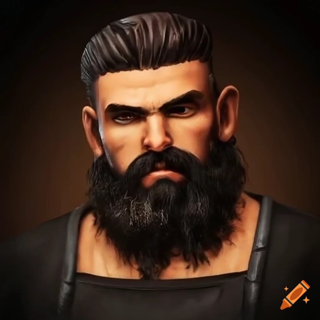 Image of a blacksmith with short black hair and beard