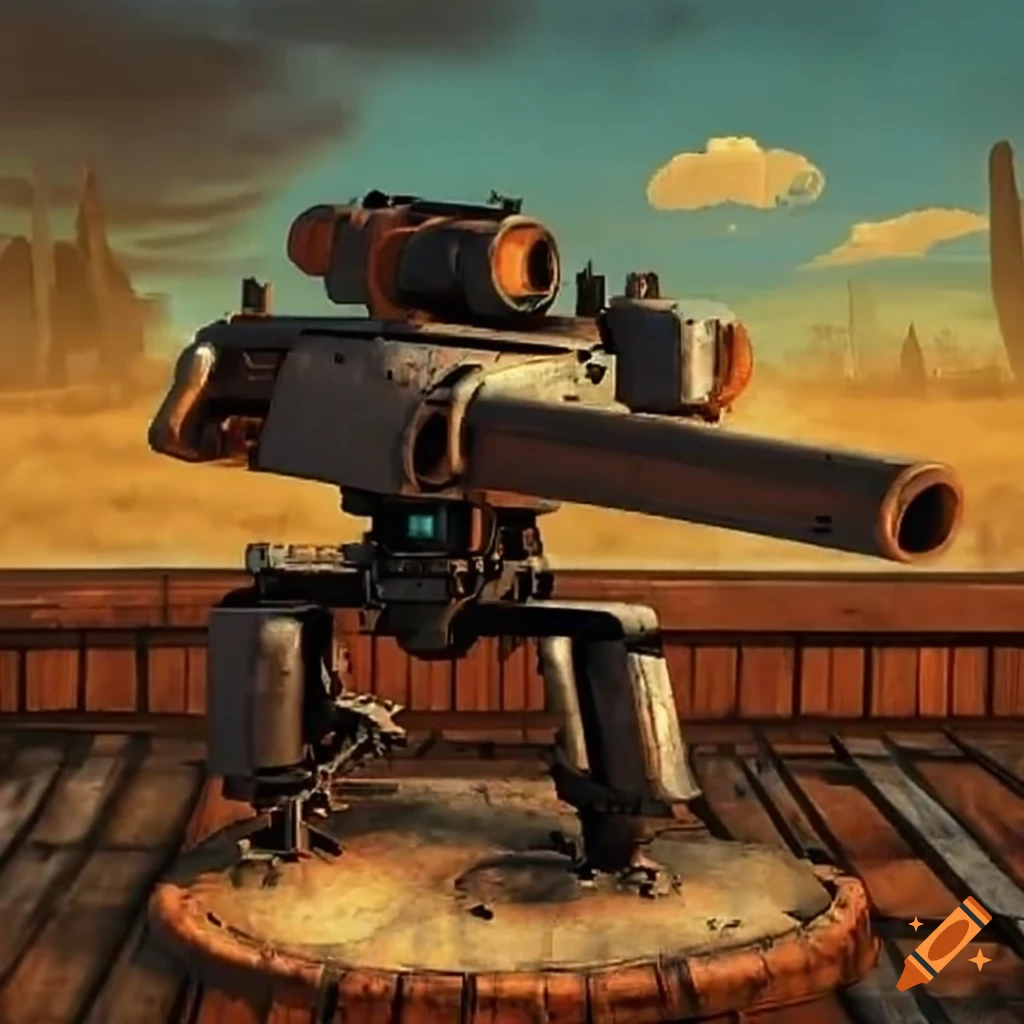 Fallout landscape with robotic sniper rifle on porch on Craiyon
