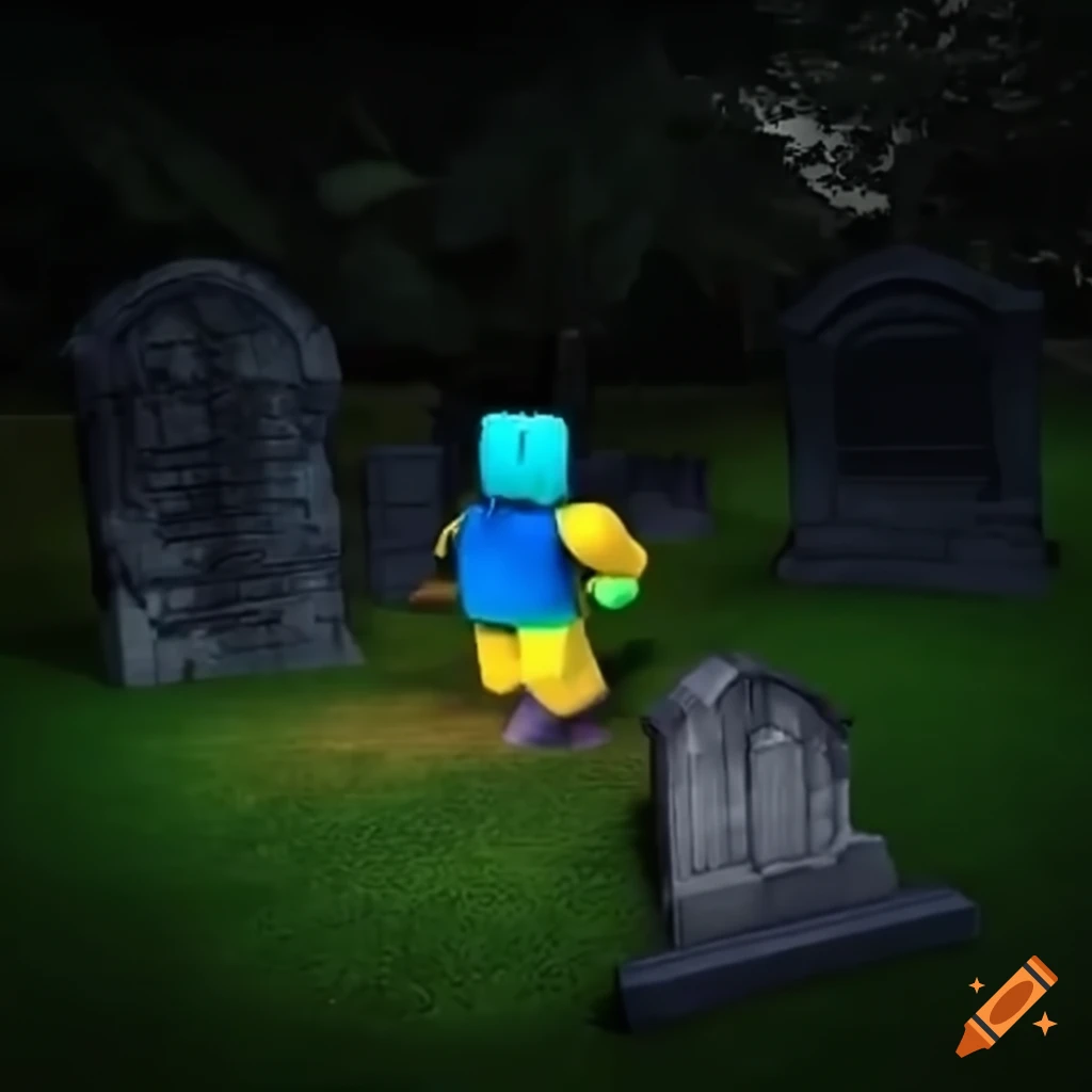 Roblox noob running from a zombie in a graveyard