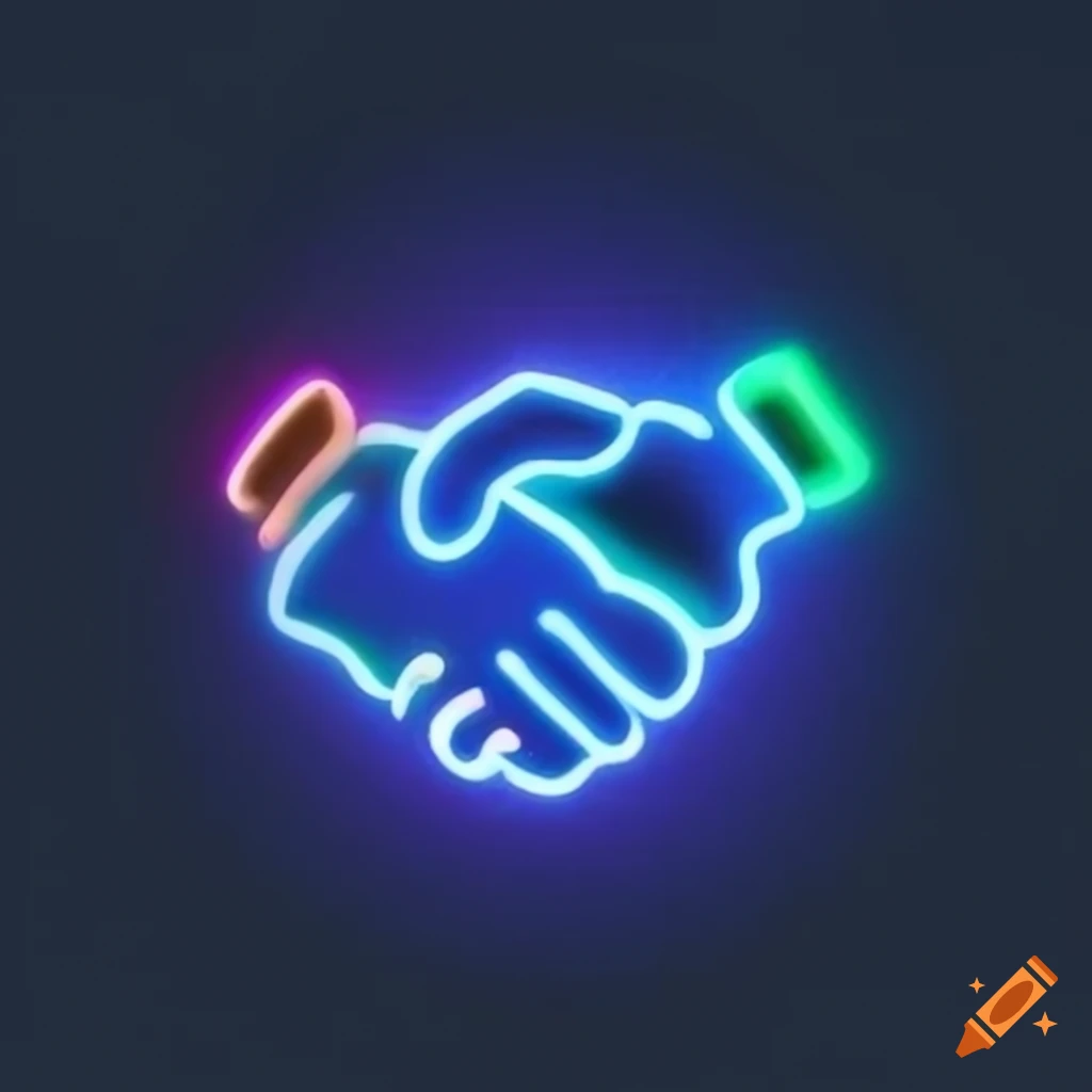 Neon handshake emoji symbolizing partnership and friendship