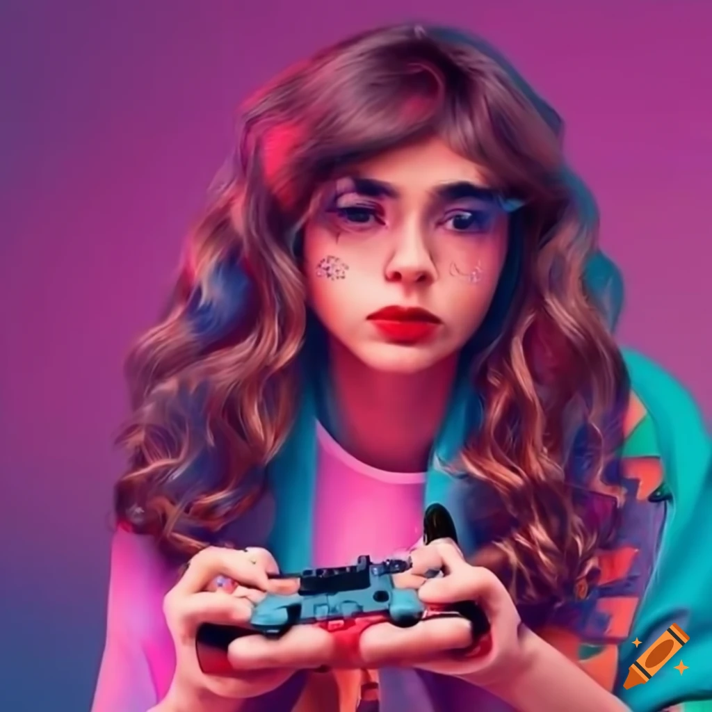 Vibrant 80s retro girl playing video games on Craiyon