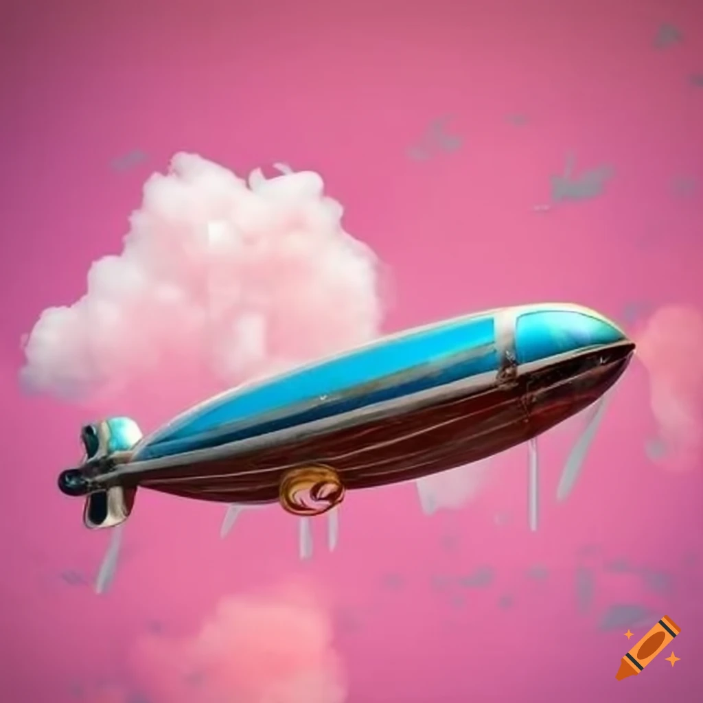 Metal blimp floating in pink cotton candy clouds