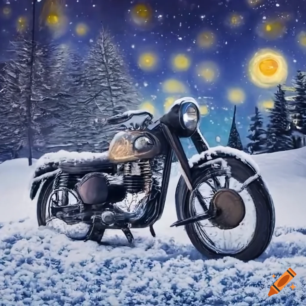 Vintage motorcycle covered in snow on Craiyon