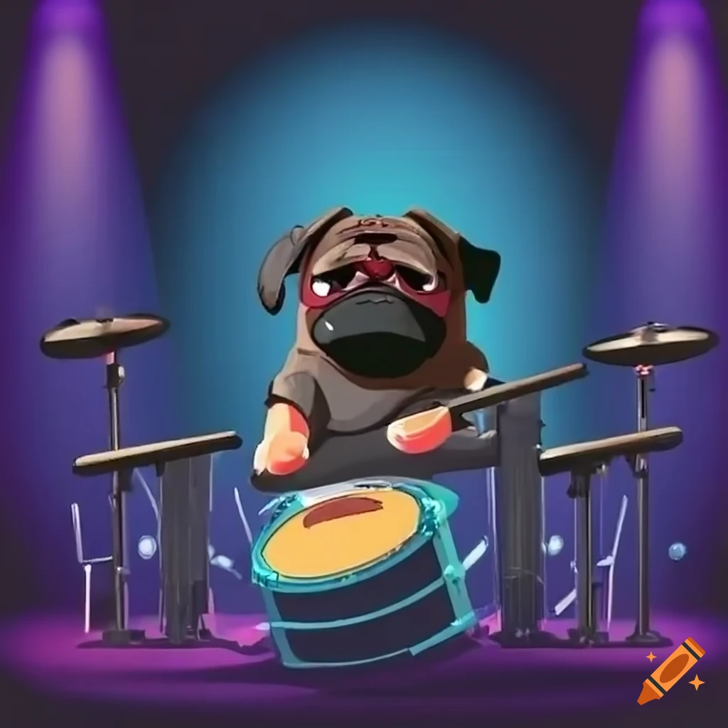 Pug playing drums on stage on Craiyon