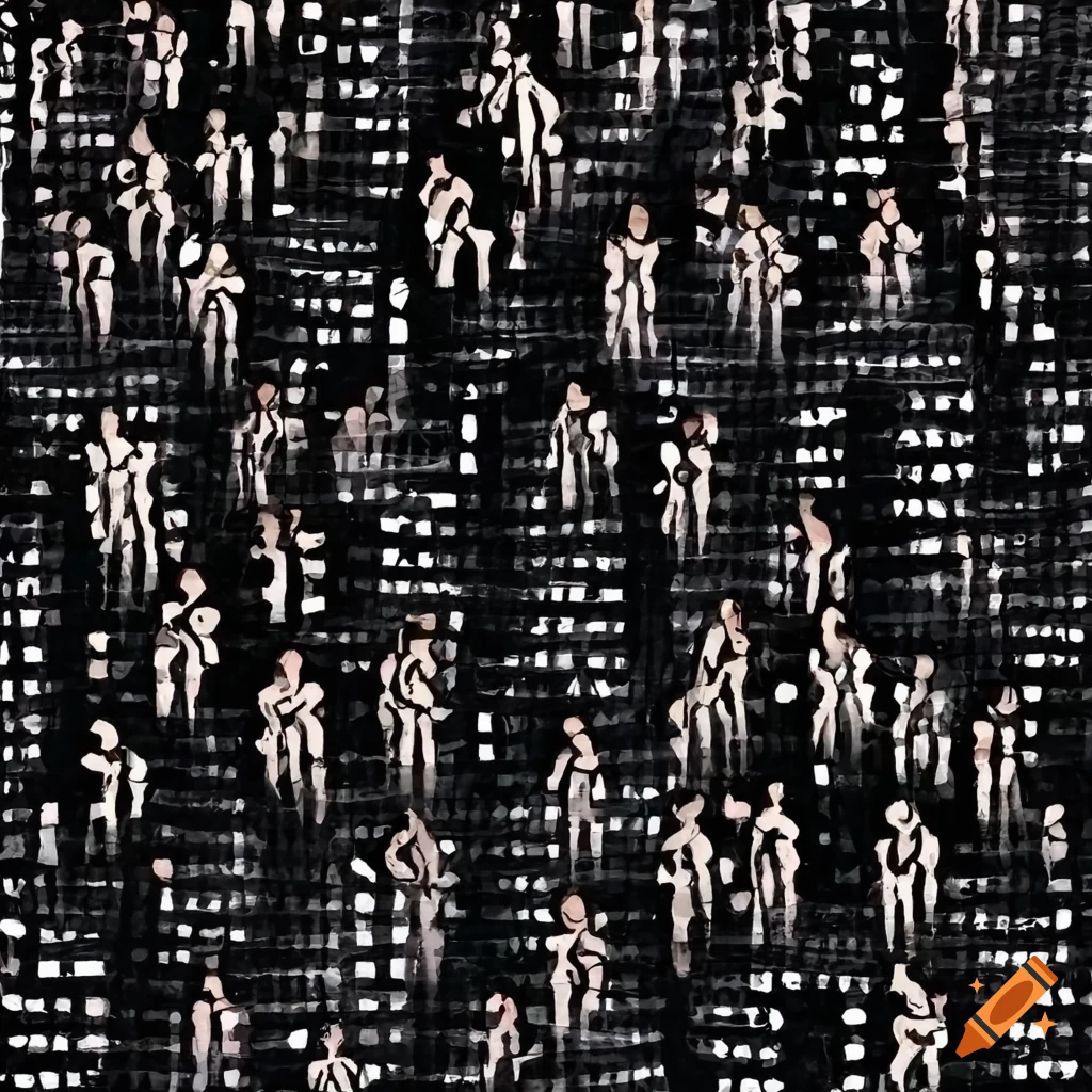 Mosaic painting of a crowd in a maze