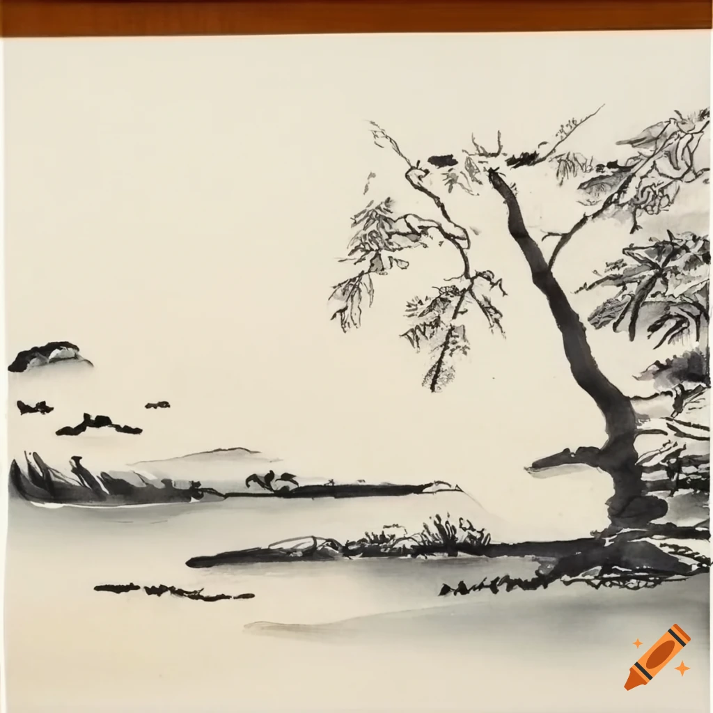 Japanese ink painting of serene nature scene
