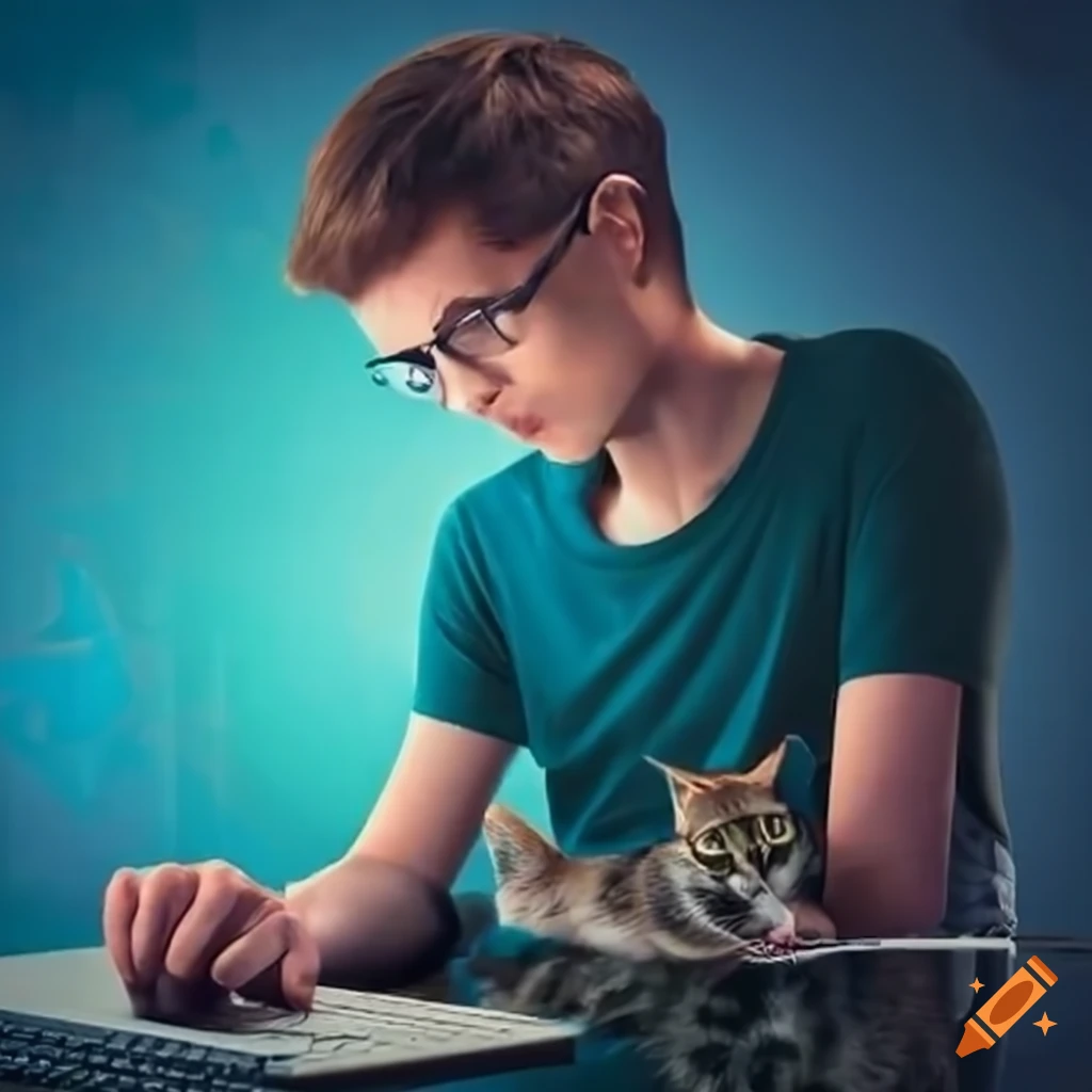 Young man coding with his cat by his side