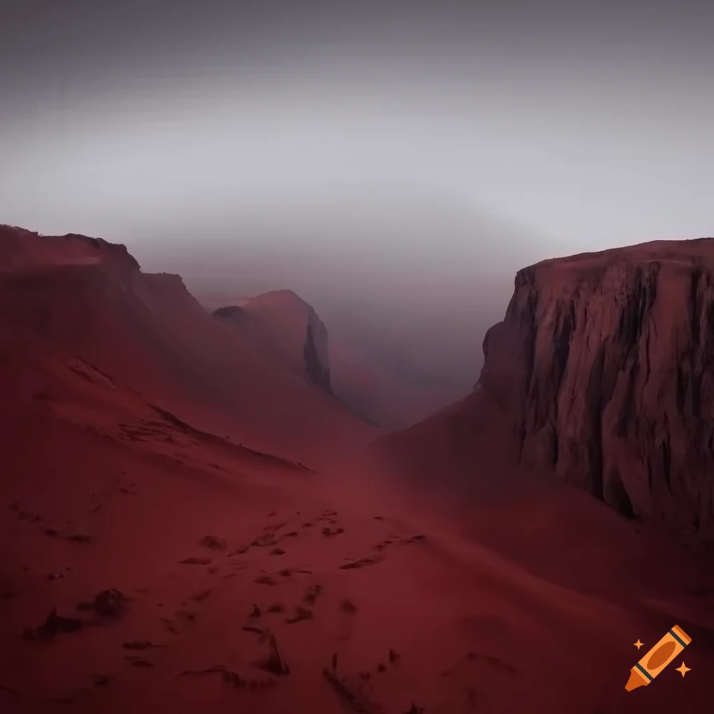 Image of a mountain pass in a hazy red desert