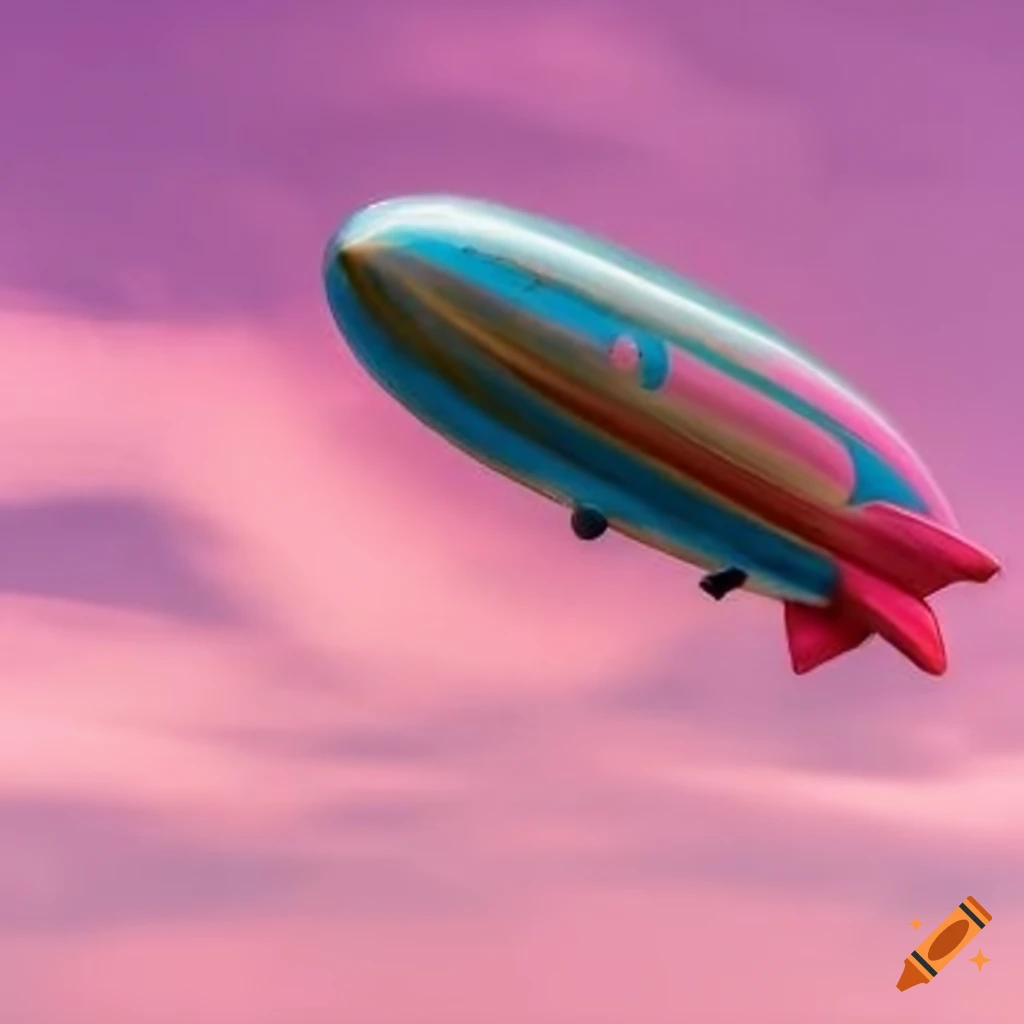Streamline art style blimp over pink cotton candy clouds