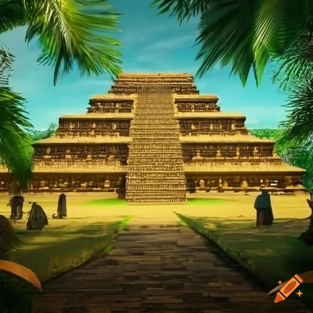 3d rendering of a golden aztec temple in the jungle