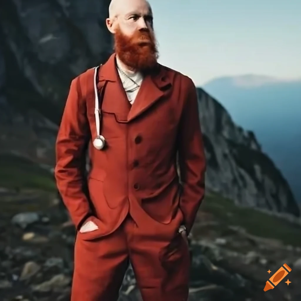Picture of a rugged male doctor standing in the mountains on Craiyon
