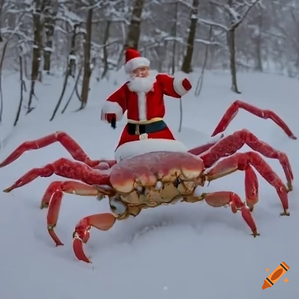 Santa claus riding a giant crab in the snow