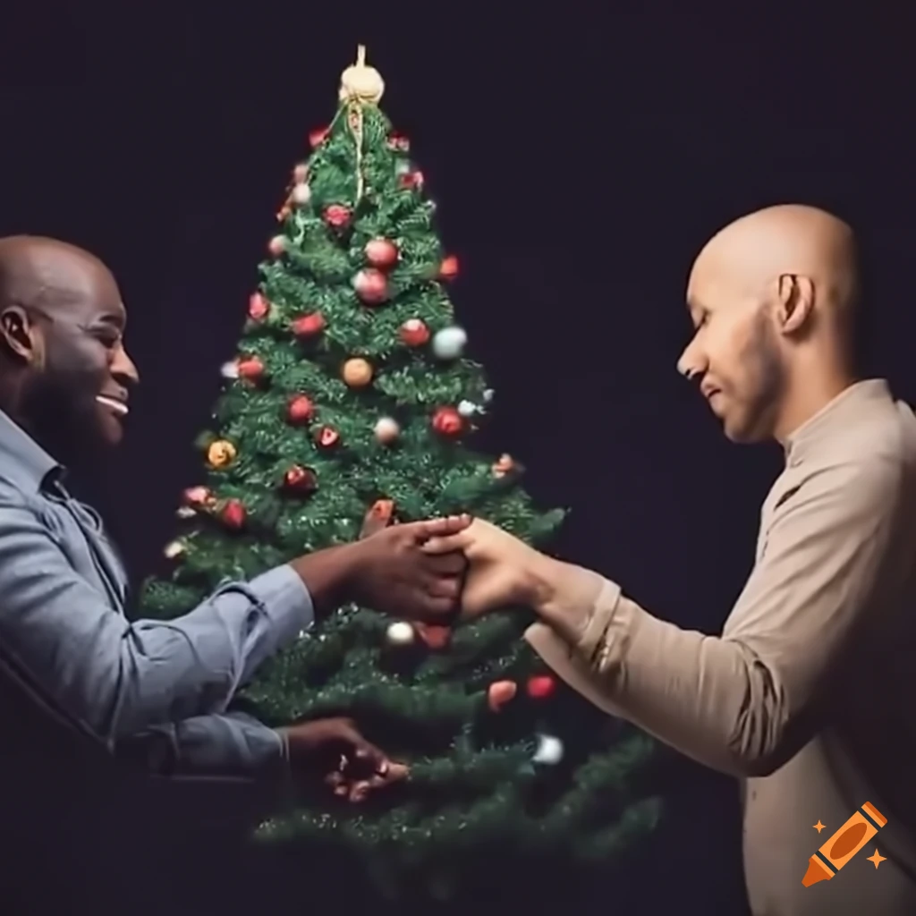 Two men shaking hands next to a christmas tree on Craiyon