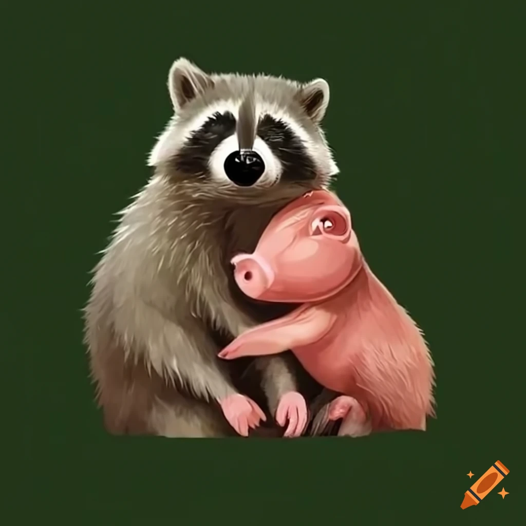 Cute raccoon and piglet hugging