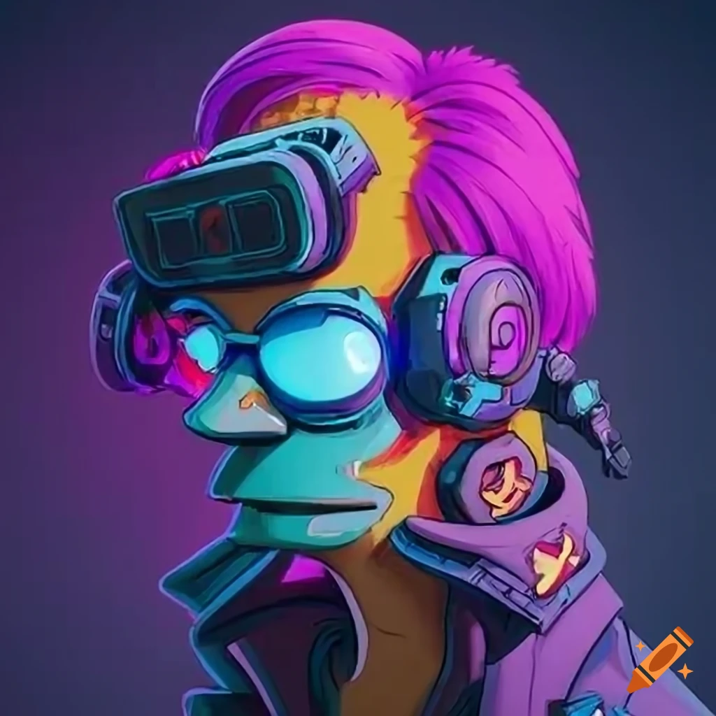 Cyberpunk-style depiction of the simpsons characters on Craiyon