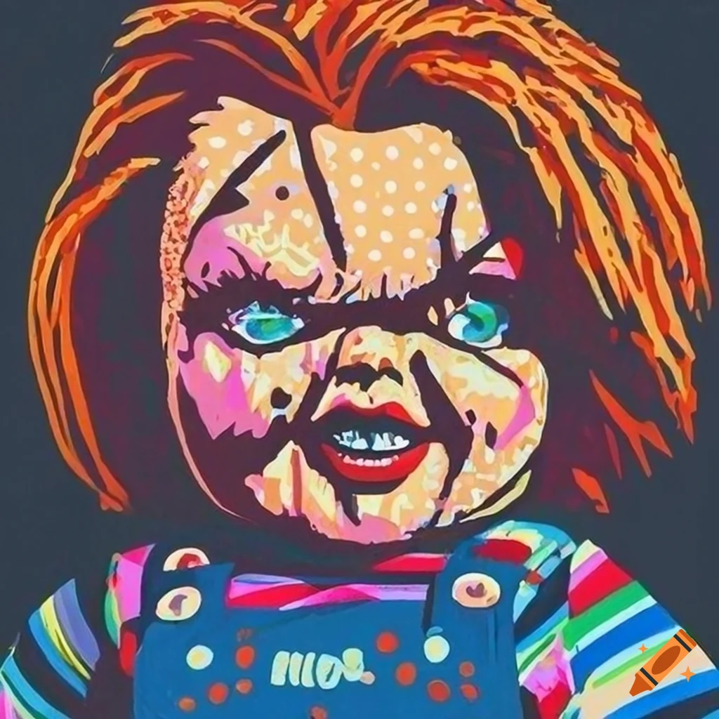 Dotted art portrait of chucky with collage background on Craiyon