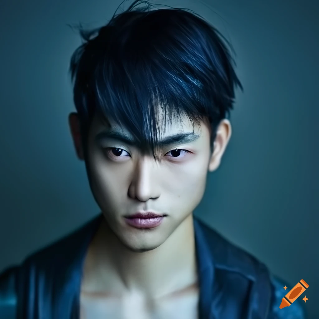 Portrait of a handsome japanese man with stormy weather background on ...